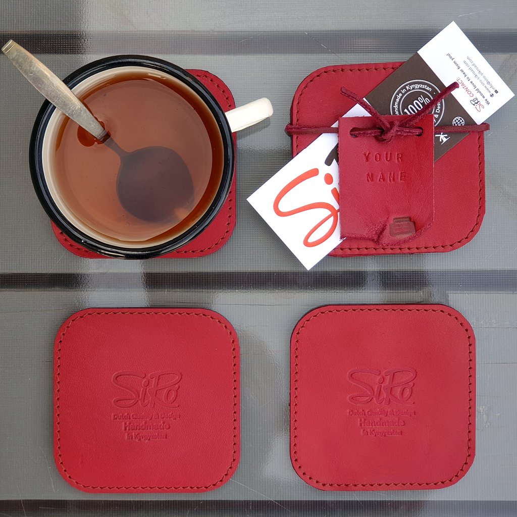 Set of 4 Cherry Red Leather Coasters - Hand & Fairmade - by SiRo